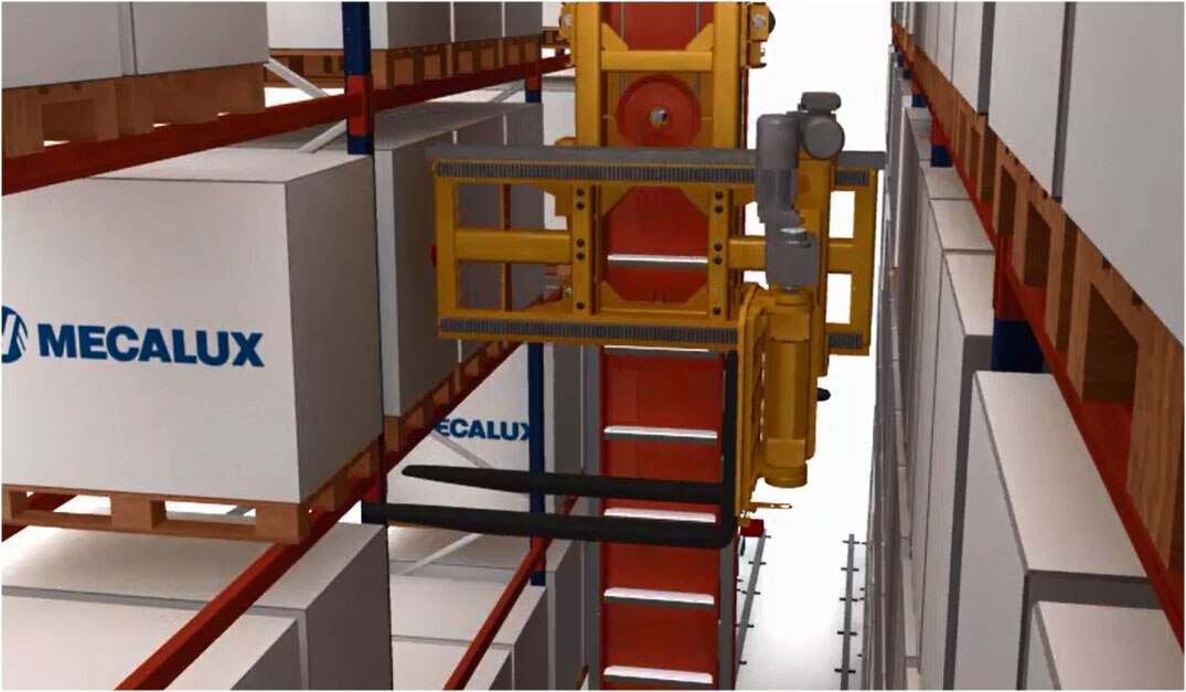 Animation of a trilateral stacker crane | Interlakemecalux.com